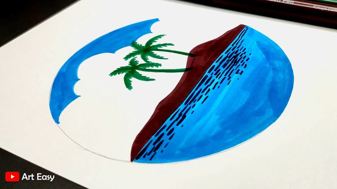 Circle Drawing || Easy Island Drawing || Brush Pen/Sketch Pen Drawing ...