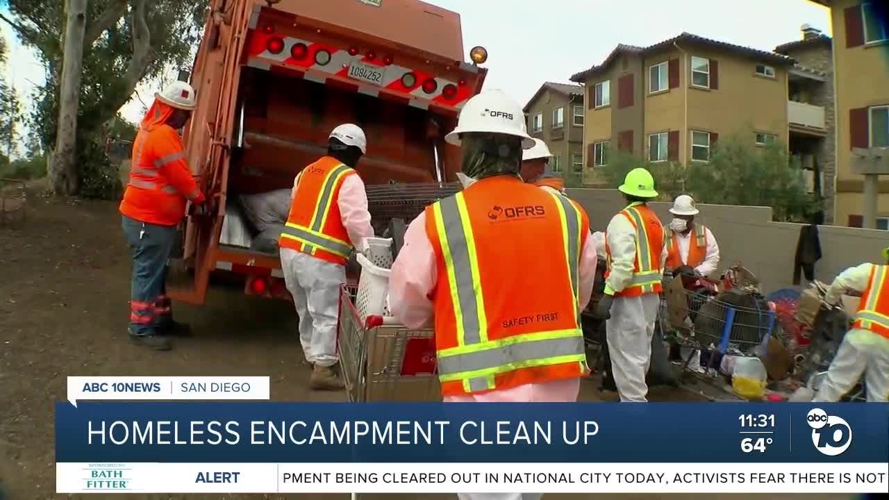 Crews gather to clean up homeless encampment in National City - YouTube