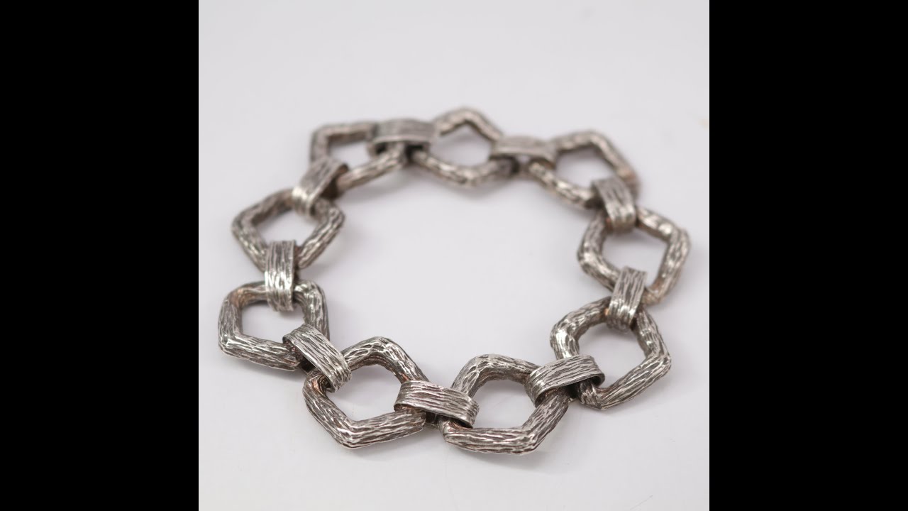 Vintage Silver Bracelet London Designer Square Bark Links Circa 1974 ...