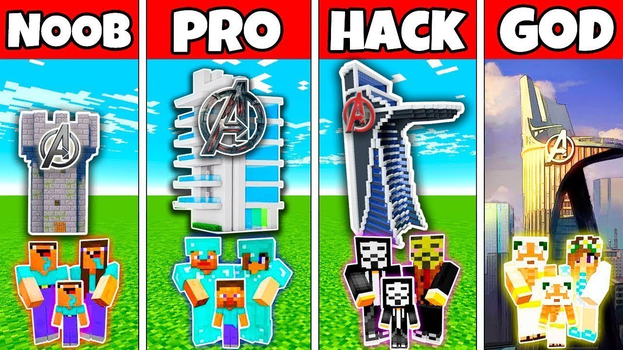 Minecraft FAMILY SUPERHERO BASE BUILD CHALLENGE NOOB vs PRO vs HACKER ...