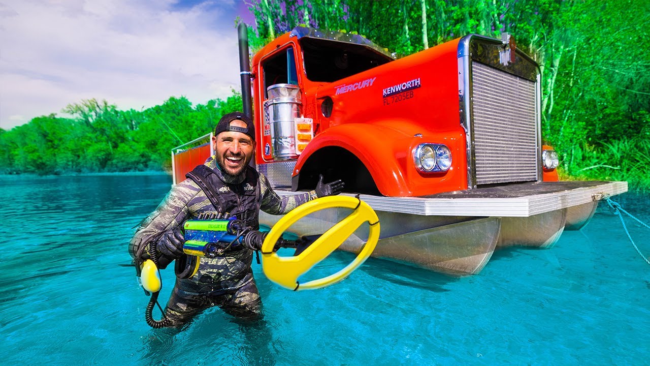 Searching for Treasure with FLOATING SEMI TRUCK!! (Driving on River ...