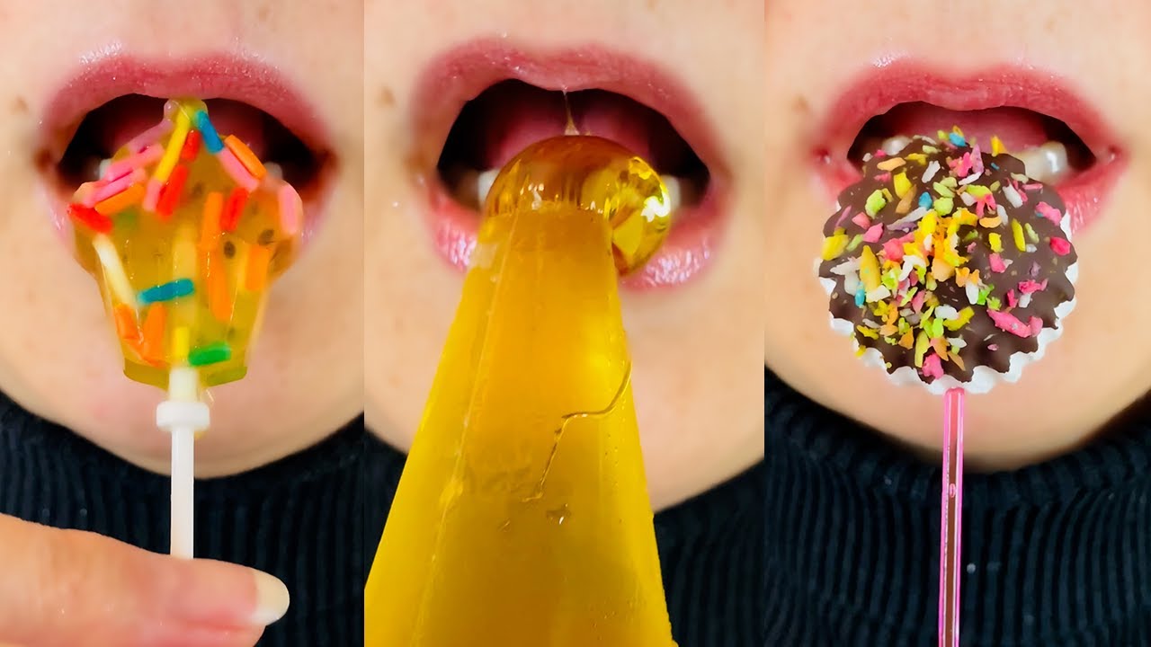 asmr HONEY CHEWING MARMALADE ICE CREAM CAKE POPS MERINGUE JELLY eating ...