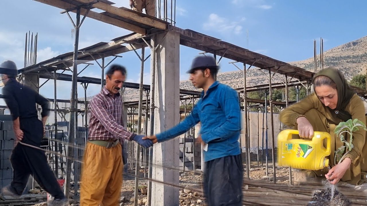 Abbas and his father help the workers in building the roof of the new ...