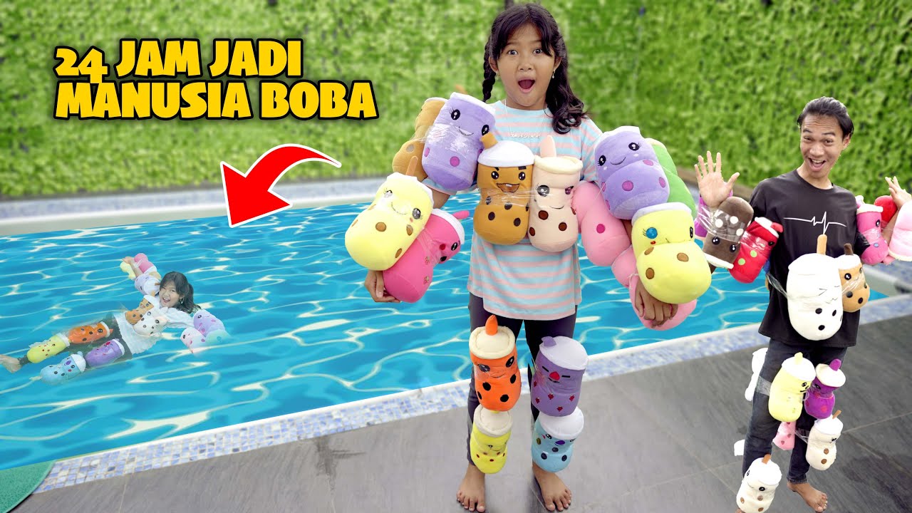 24 JAM JADI MANUSIA BONEKA BOBA WARNA WARNI !! BERENANG DIKOLAM RENANG ...