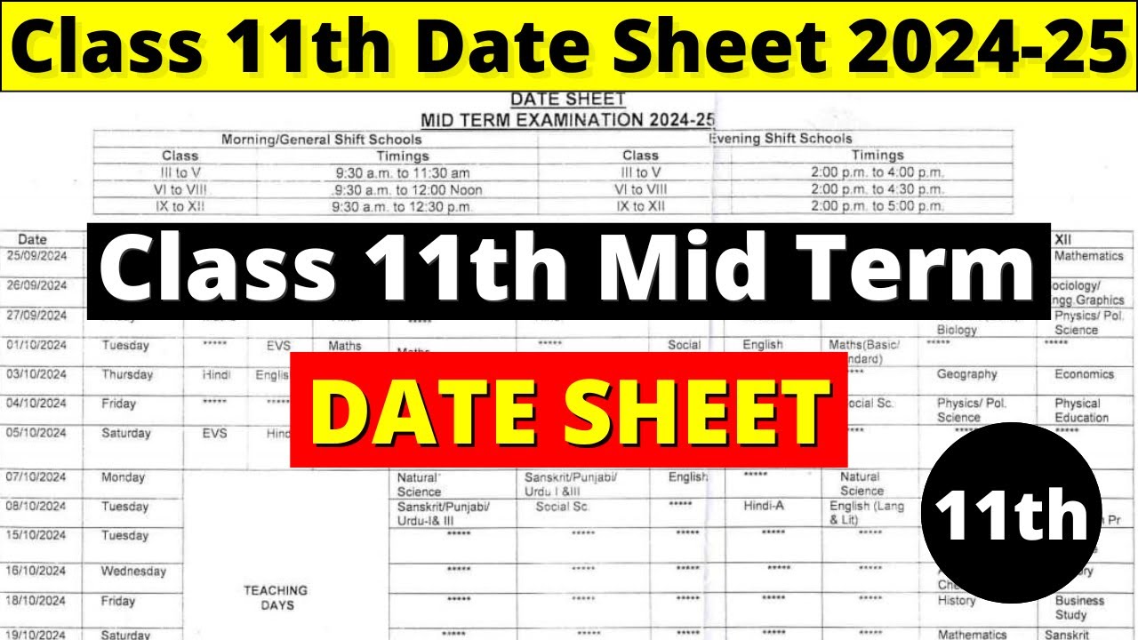 class 11 mid term date sheet 2024-25 | class 11 mid term date sheet ...