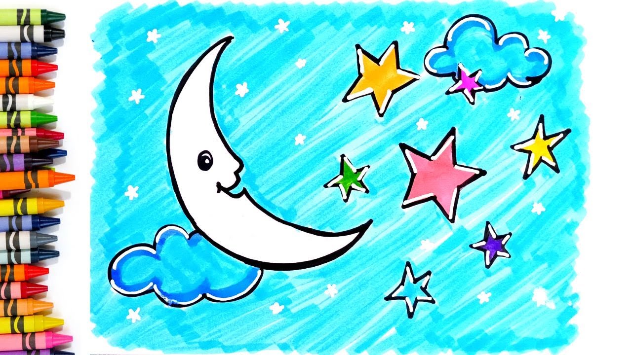 Colorful Stars, Moon, Clouds Night Drawing, Painting, Coloring For Kids ...