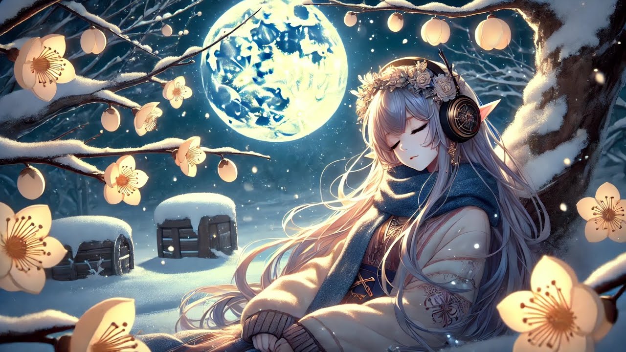 Wintersweet flower, winter, moon, beautiful elf girl sleeping at night ...
