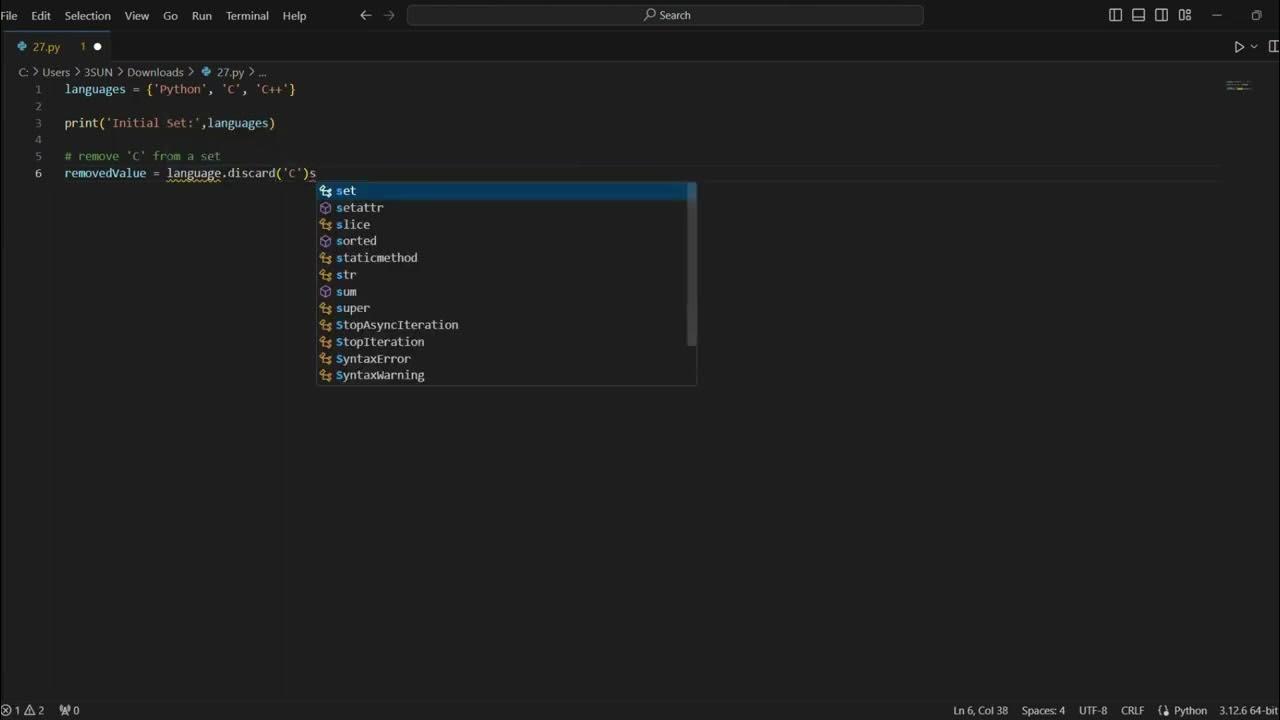 Python (Programming Language) Project 27: 'Remove an Element from a Set' Created by Trishanth ...