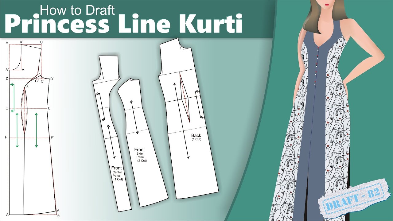 Kurti Drafting. How to draft Princess Contour Line Kurti / Dress. - YouTube