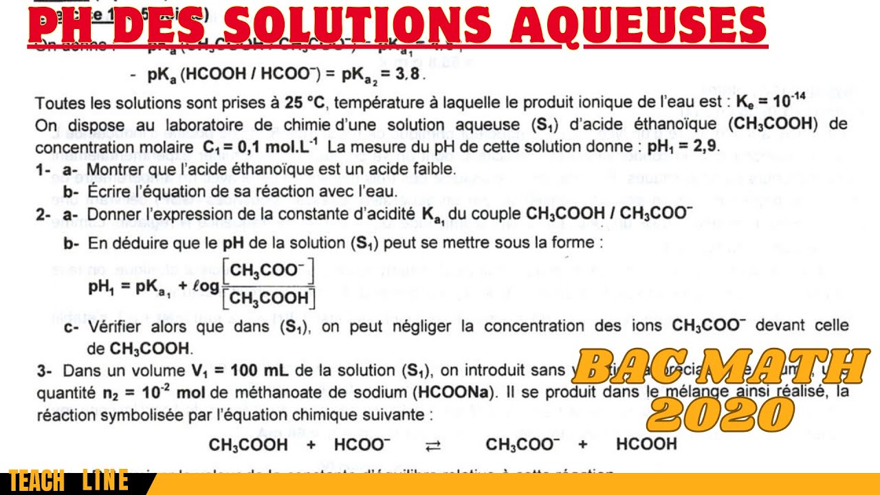 PH des solutions aqueuses: correction exercice bac math 2020 - YouTube