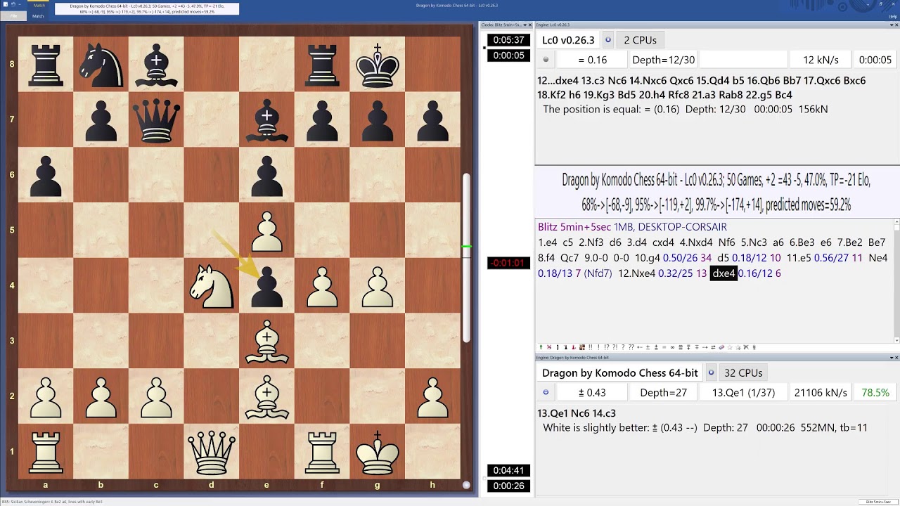 Dragon by Komodo Chess vs Lc0 0.26.3 (J94-40) (TC=5m+5s) - YouTube