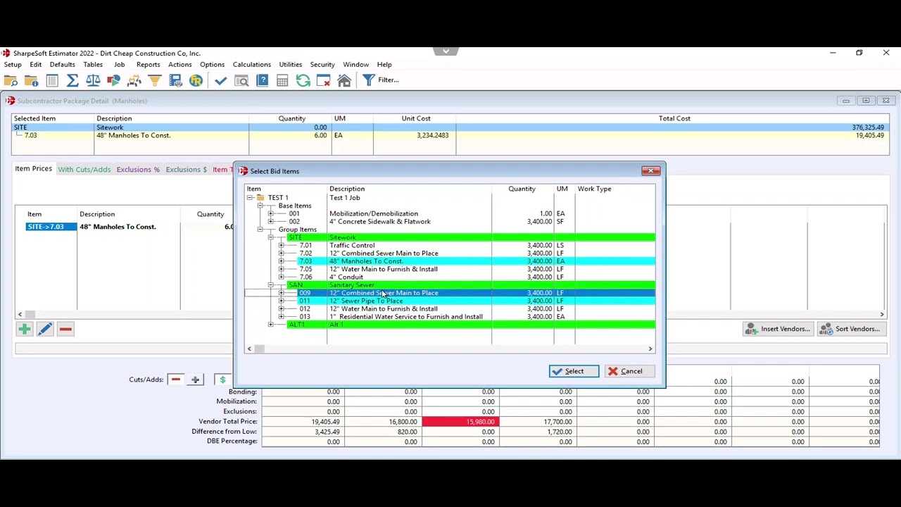 SharpeSoft Estimator: Editing Subcontractor Comparison - YouTube