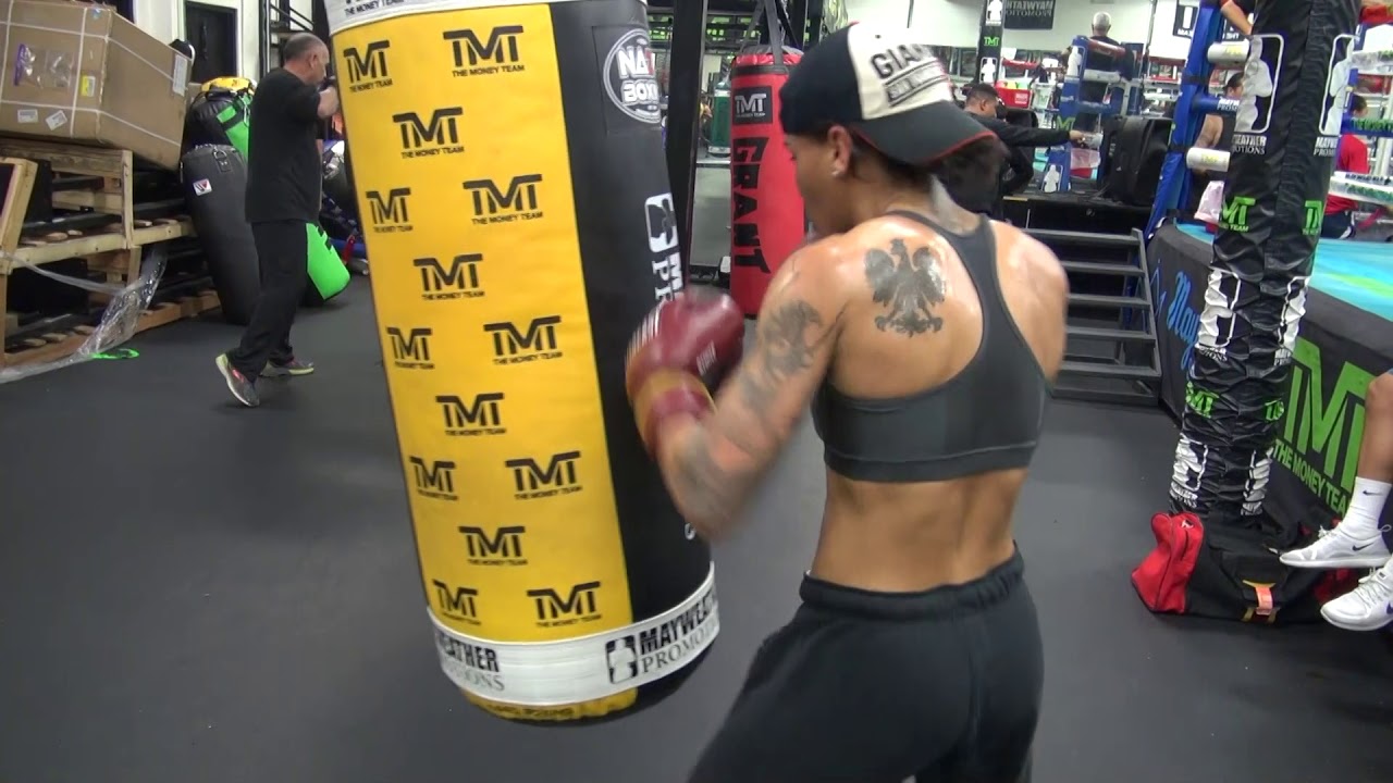Ladies champ Ava Knight on the heavy bag inside the Mayweather Boxing ...