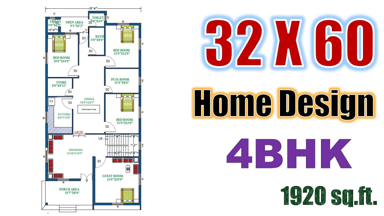 32 X 60 feet Home Design | 1920 sqft House plan | घर का नक्शा - YouTube