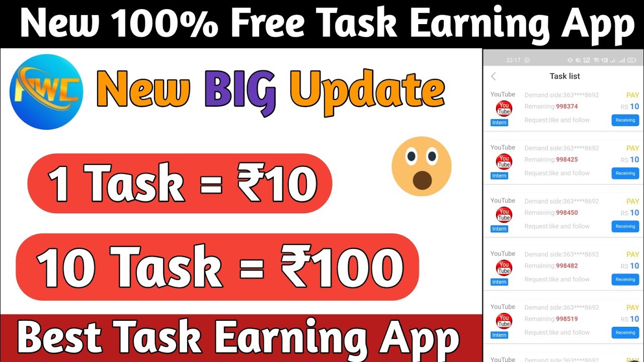 New Task Earning App 2022 Today | PWC Task App | New Earning App Today ...