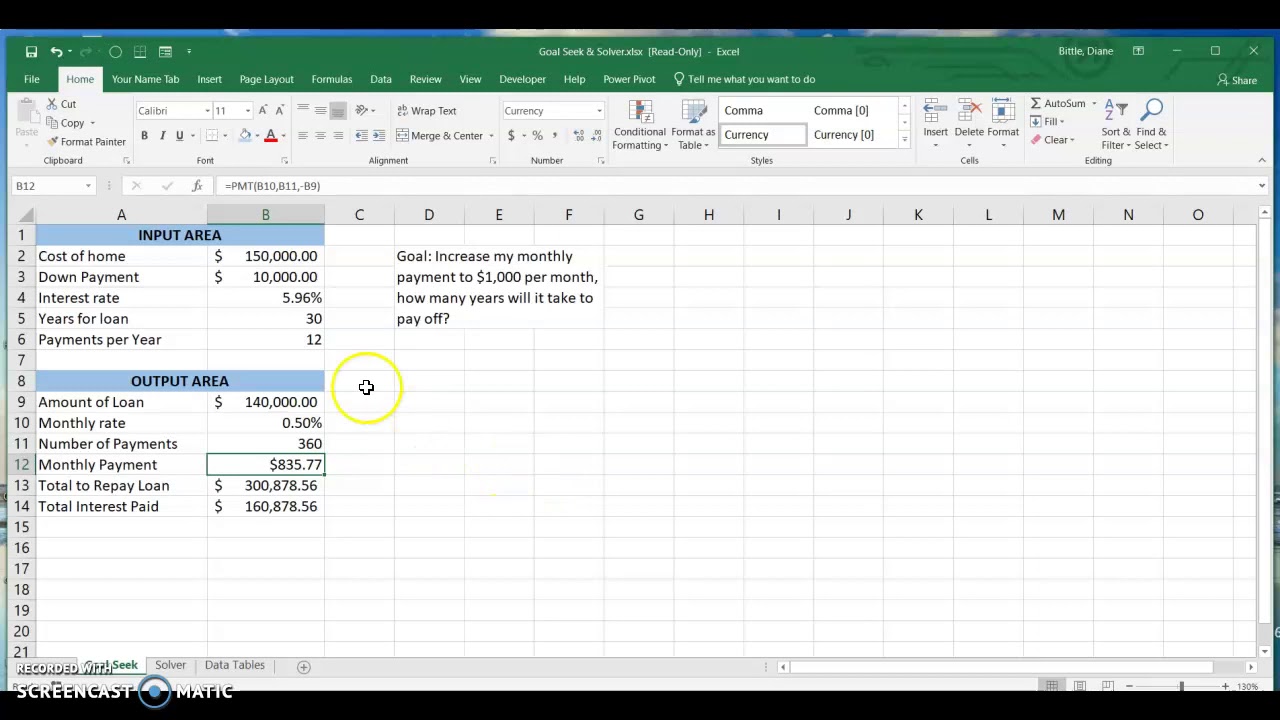 Excel Goal Seek Youtube