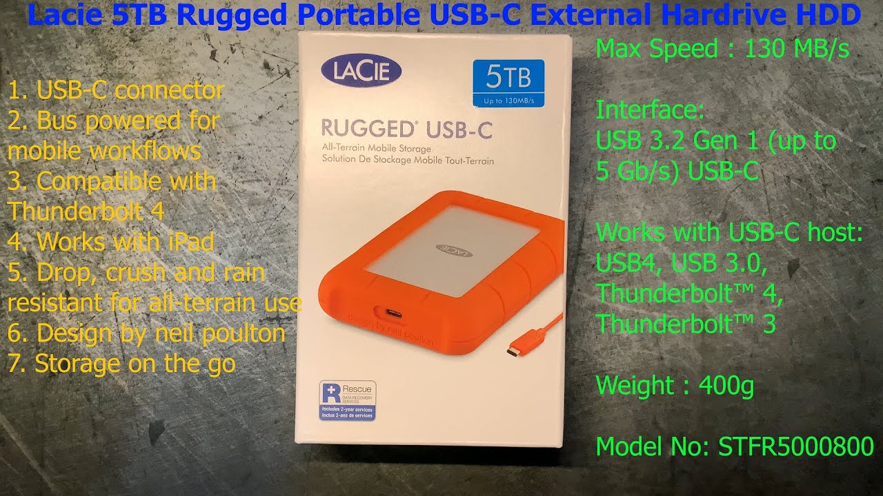 Lacie 5TB Rugged Portable USB C External Hardrive HDD STFR5000800 Unbox ...