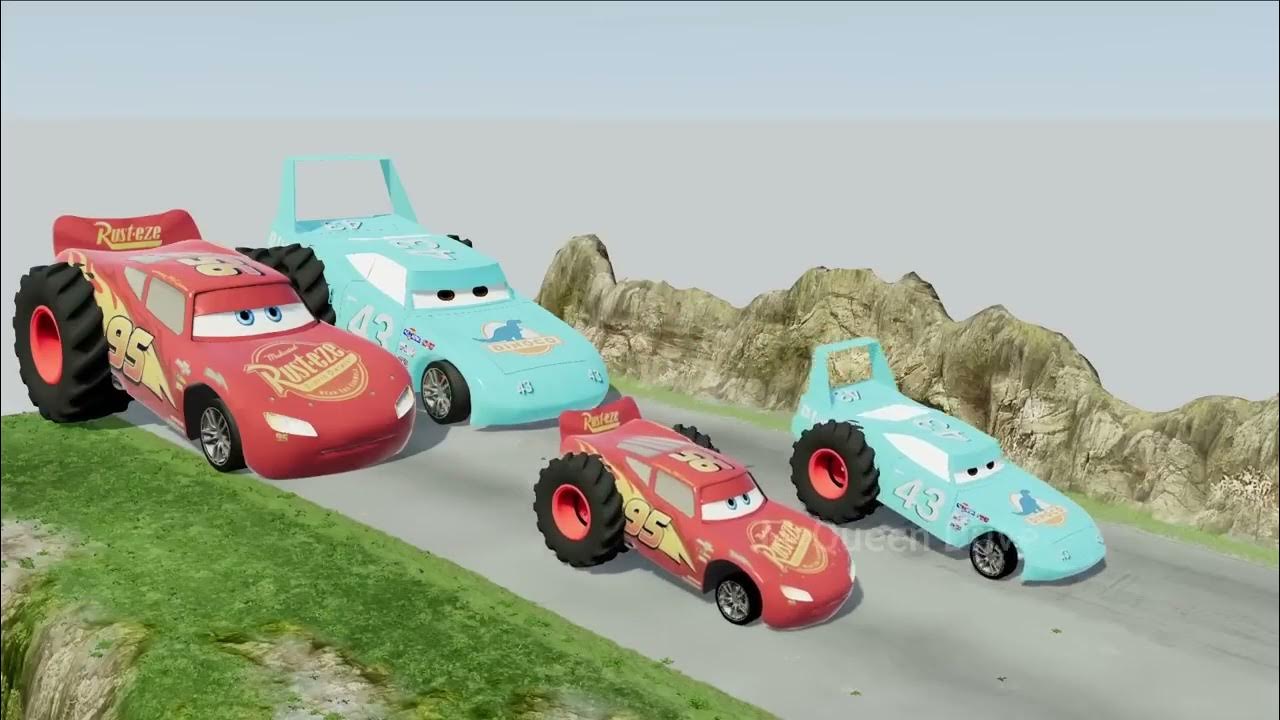 Big & Small Lightning Mcqueen with Monster Truck Wheels vs King Dinoco vs DOWN OF DEATH in ...