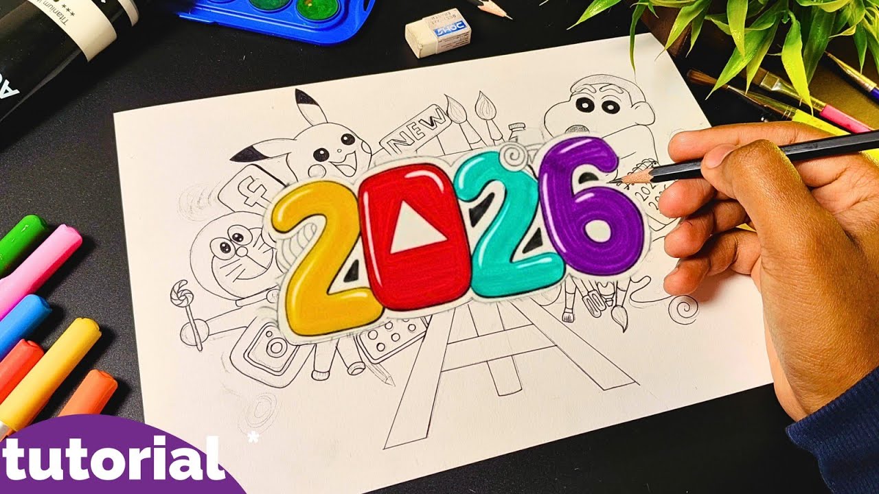 New Year Drawing | 2026 Happy New Year Drawing Easy Step by Step 😀 ...