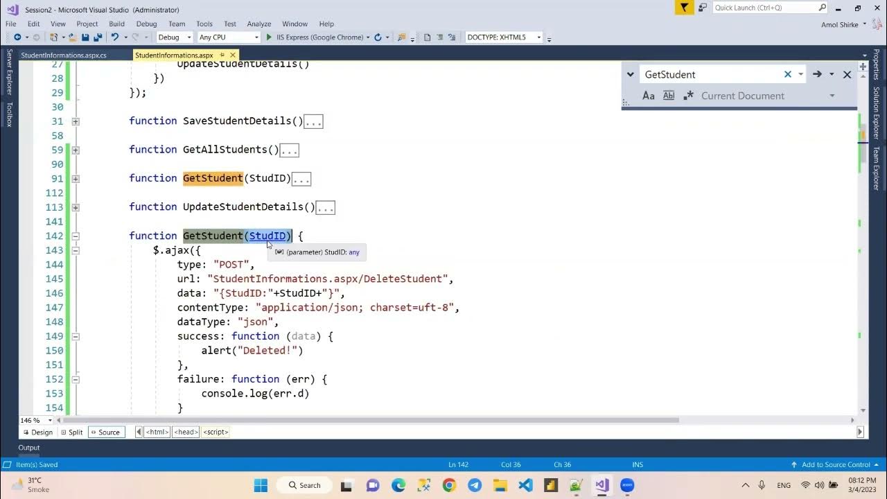 Part 7 Delete Record Using Webmethod And Ajax Call Youtube