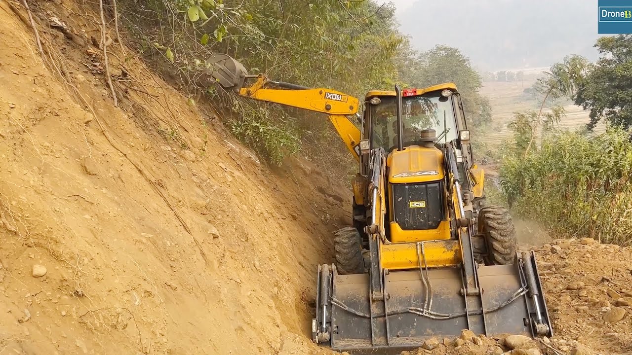 JCB Backhoe-Remote Hilly Narrow Road Work-Cutting Hill - YouTube