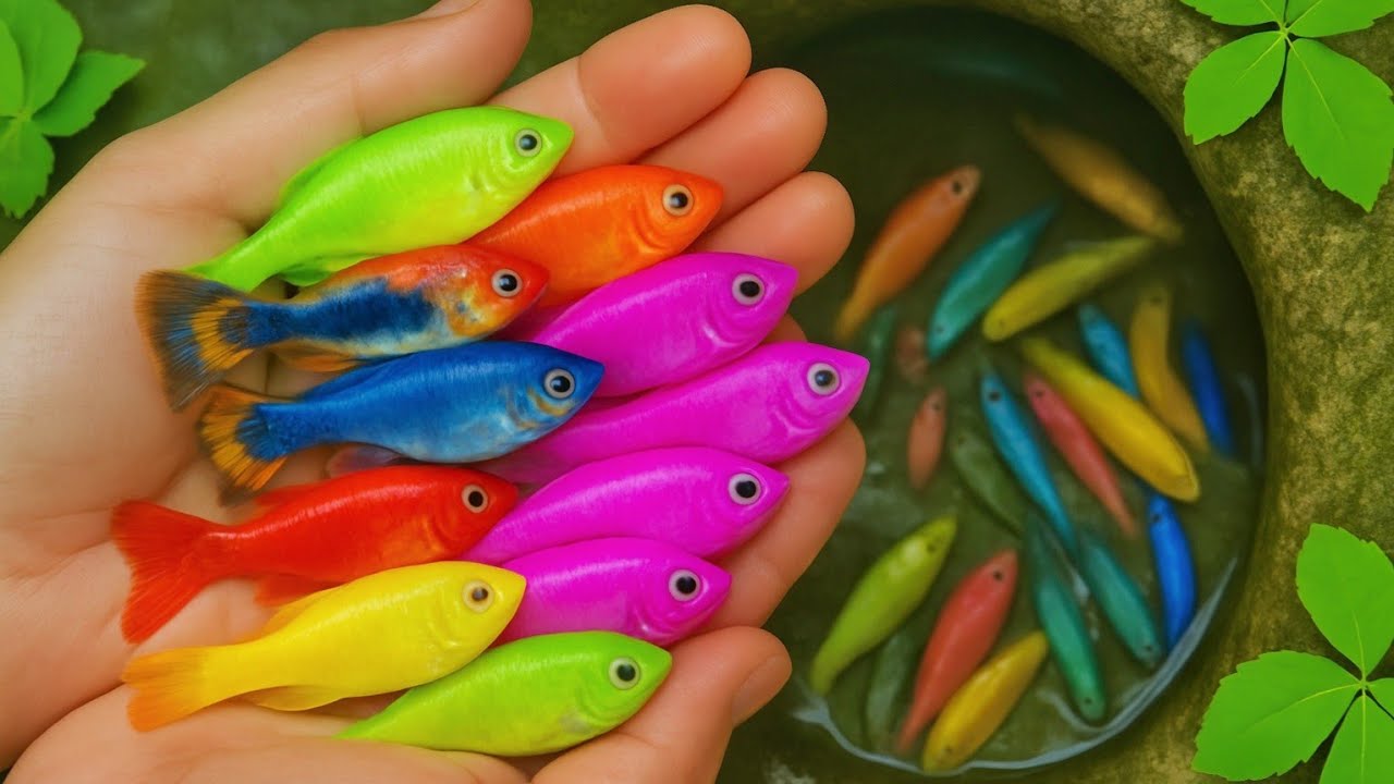 Amazing catch of colorful fish in small pond, goldfish, koi, betta fish ...