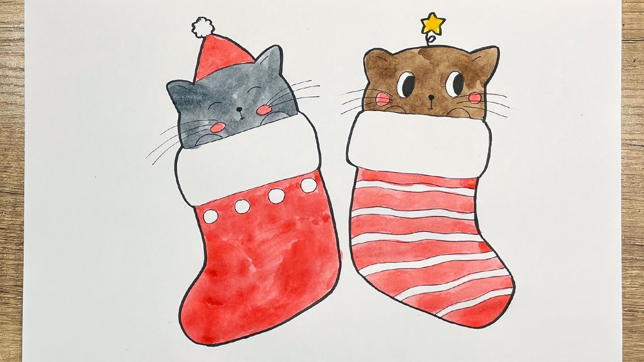 How to draw Christmas Cats in Socks easy for beginners | Xmas drawing ...