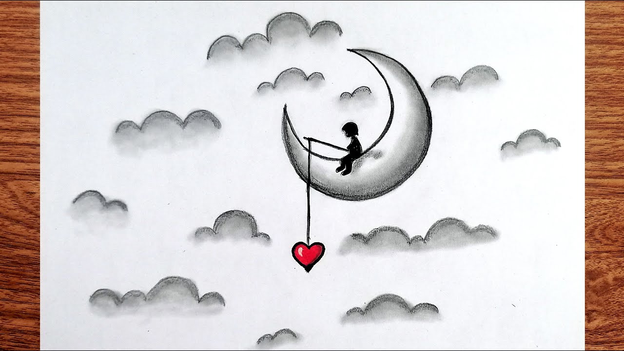 Moon drawing | How To Draw A Landscape Of A Child Sitting On The Moon ...