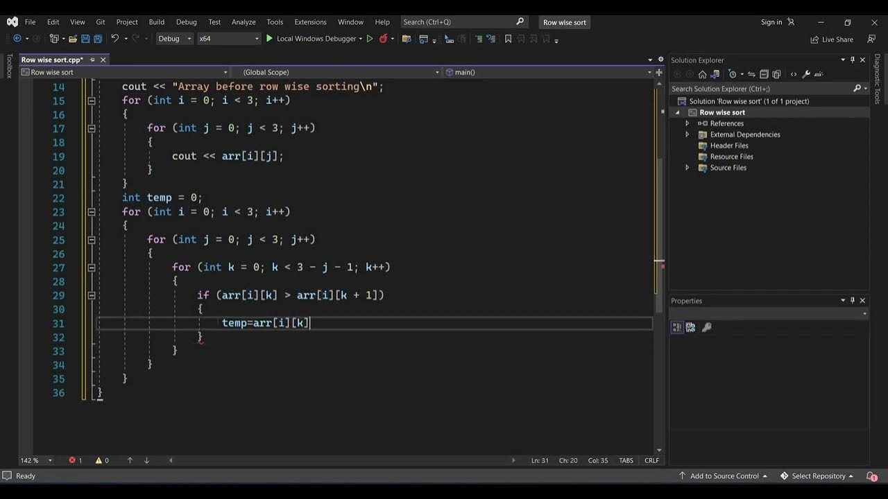 C++ program to perform row wise sorting of matrix | 2D Arrays | C++ ...