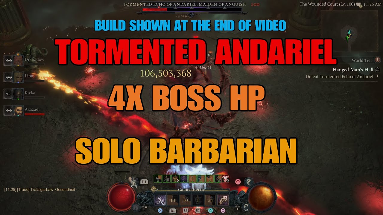 Diablo IV Season 4 TORMENTED ANDARIEL 4X BOSS HP SOLO BASH BARBARIAN ...