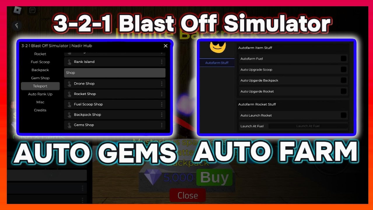 3 2 1 Blast Off Simulator New Script | Auto Farm GEMS | Auto Fuel Farm ...
