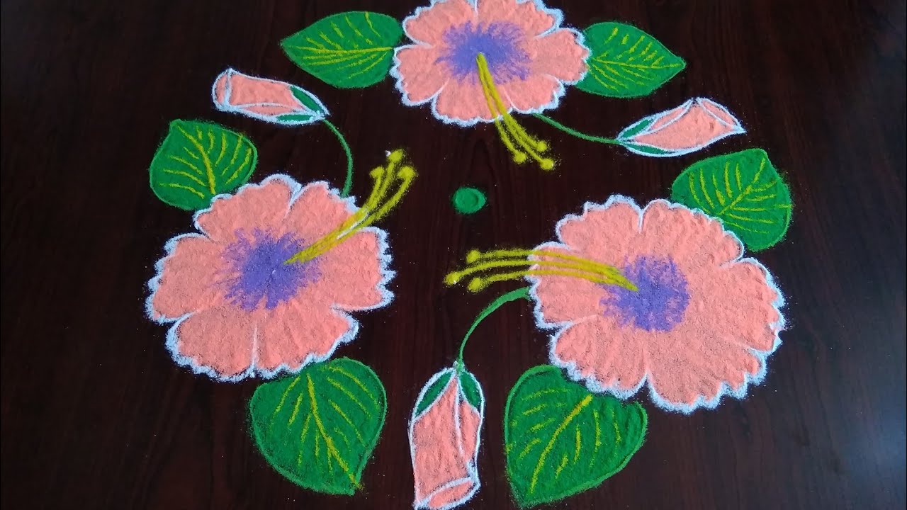 Creative simple hibiscus flowers rangoli 7×4 dots - YouTube