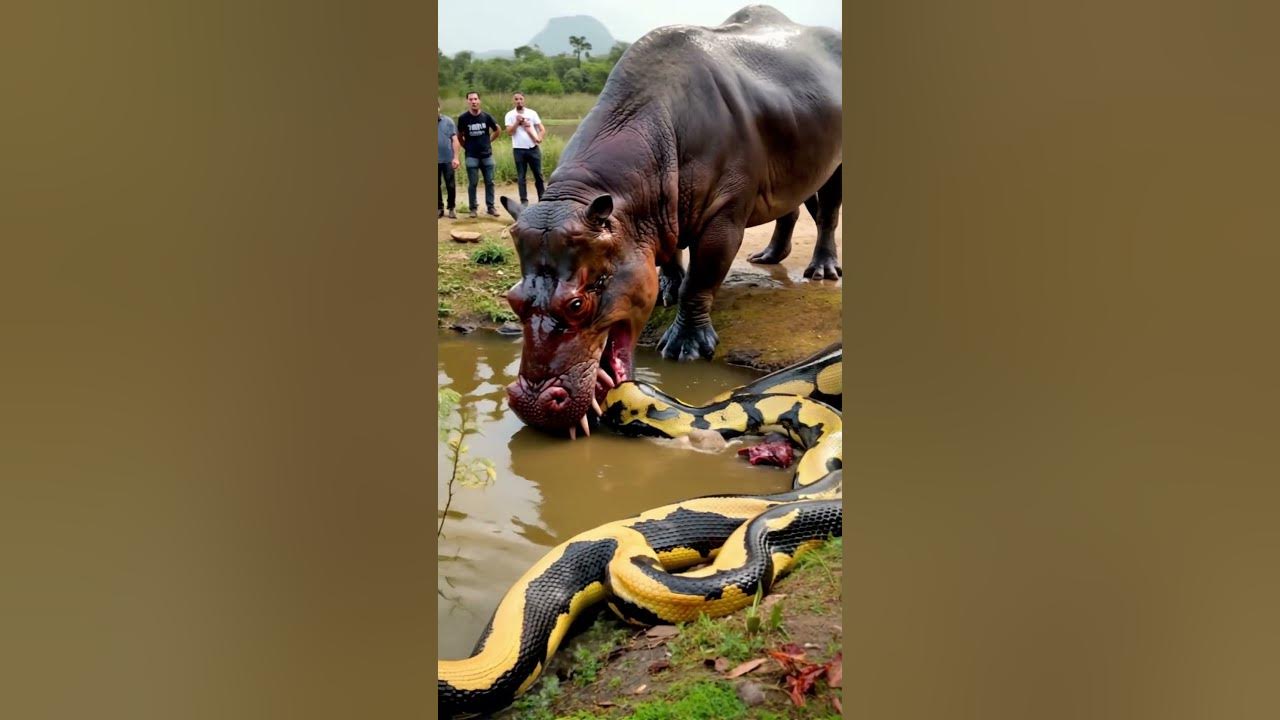 Rare image of a giant python being attacked by a hippo #youtubeshorts #bigpython #snake # ...