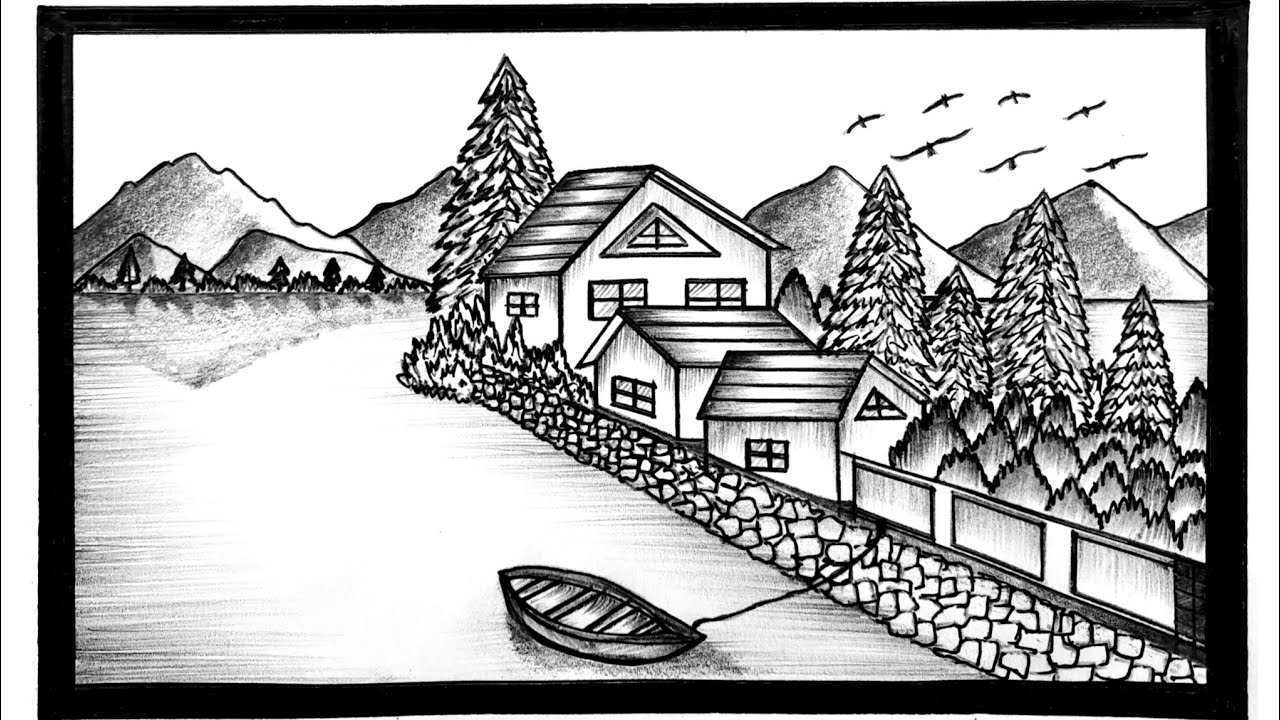 Mountain Side Village Scenery Drawing|How to draw beautiful scenery ...