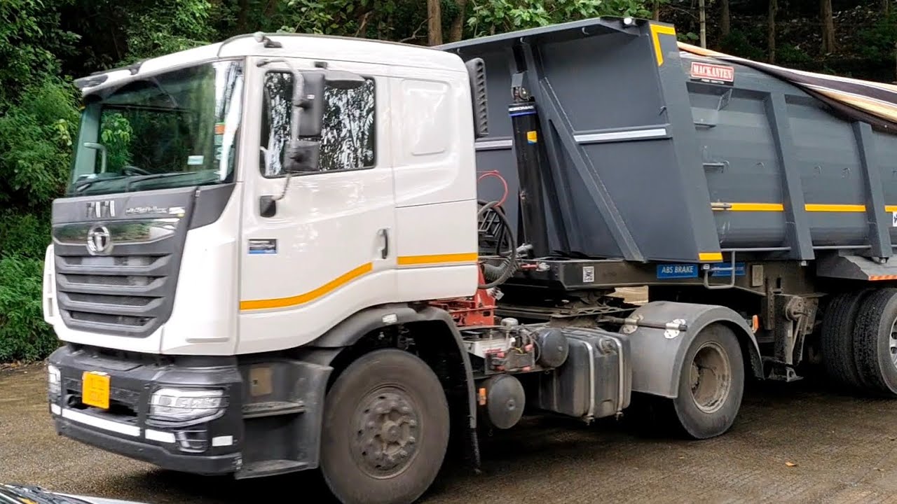 18 wheeler TATA PRIMA tipper trailer turning on hairpin bend # ...