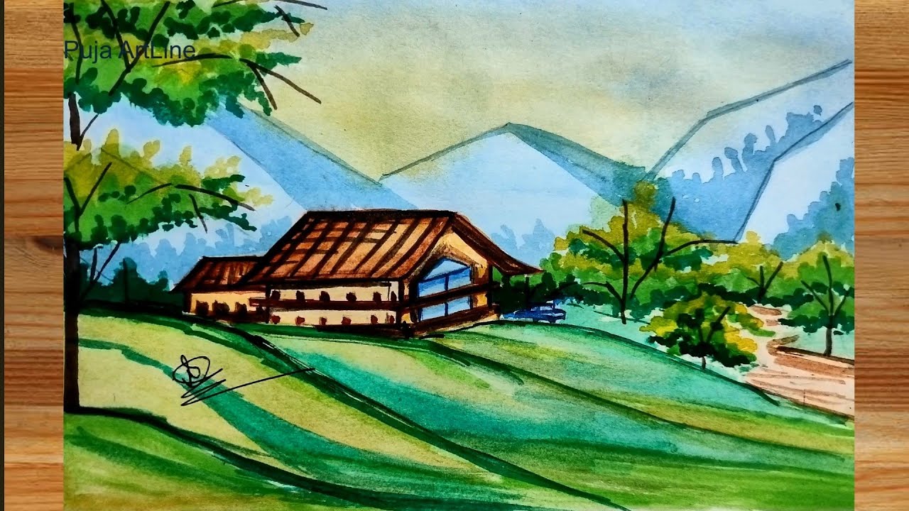Hill station drawing/ Drawing of a Mountain in Summer/How to draw a ...