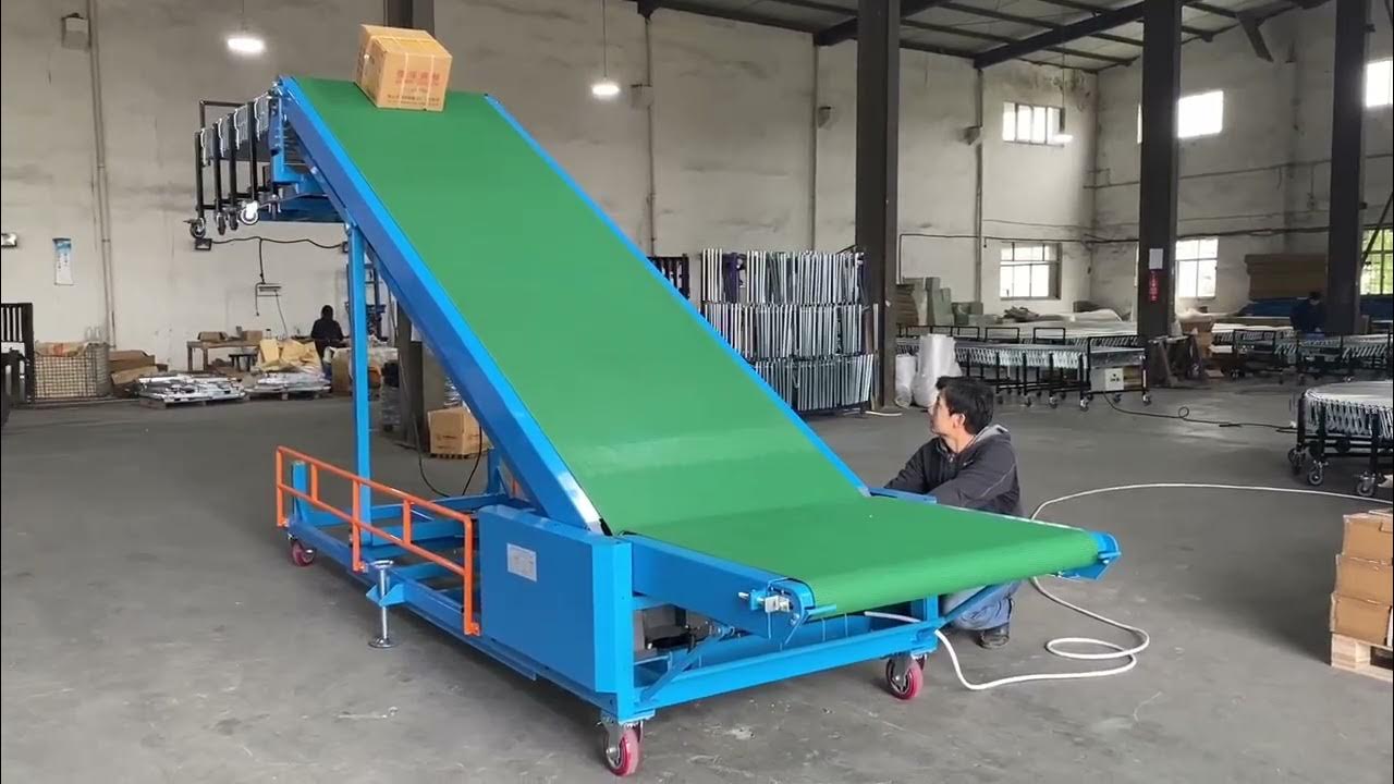 Trucks loading and unloading belt conveyor - YouTube