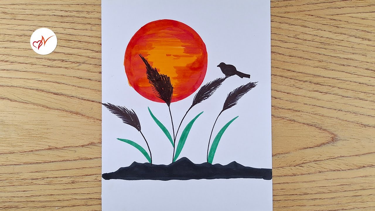 Easy Sunset Drawing Tutorial | Simple Bird & Grass Drawing for ...