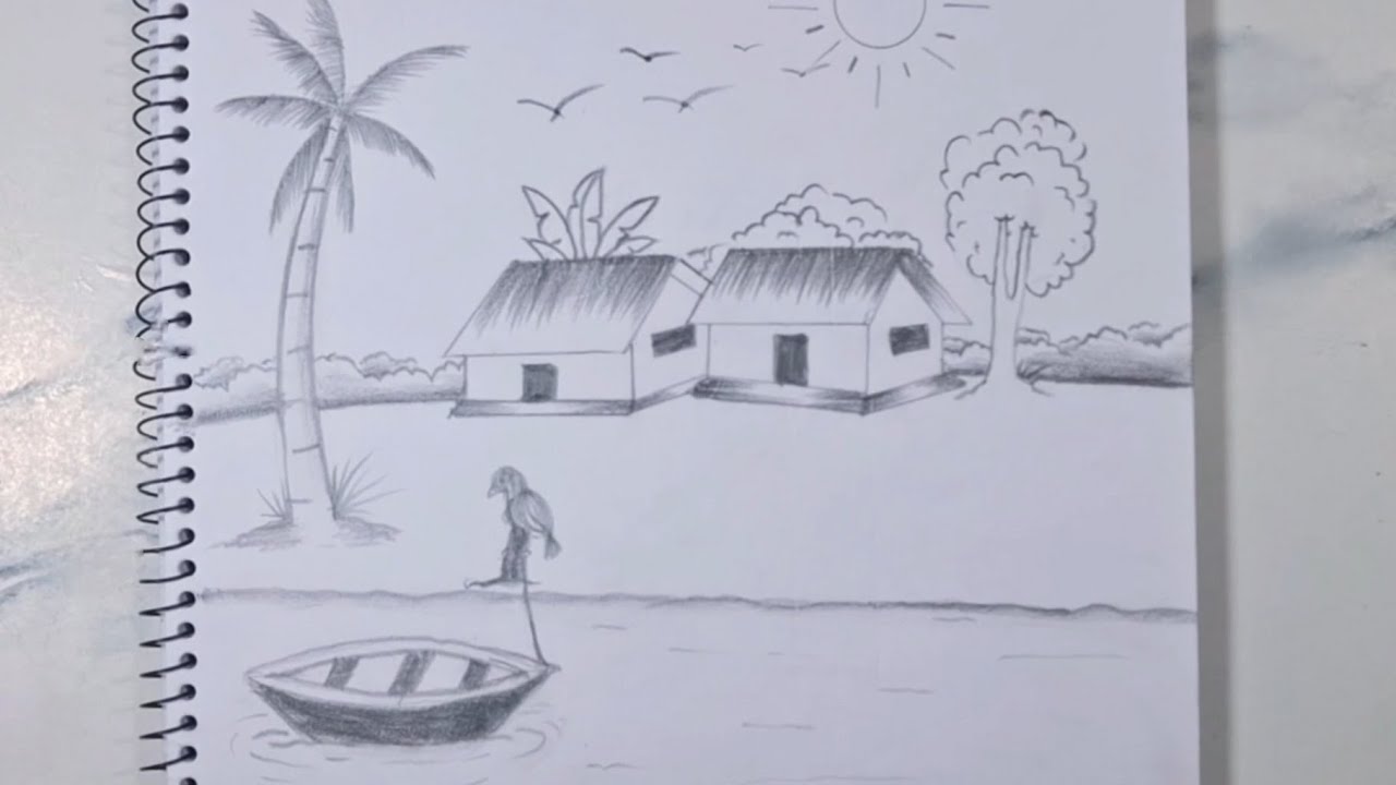 beautiful Drishya drawing 🖼️🏡🌴how to draw scenery drawing tutorial step ...