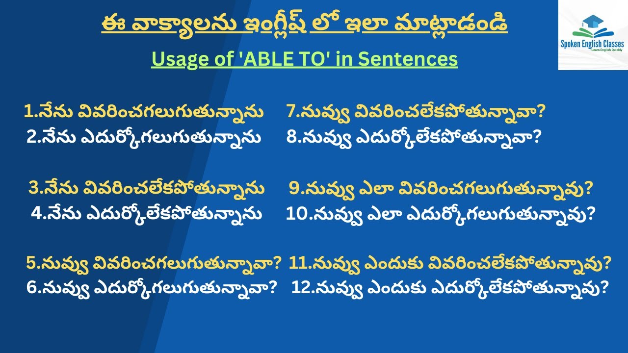 How to use 'ABLE TO' in Sentences | Learn English through Telugu ...