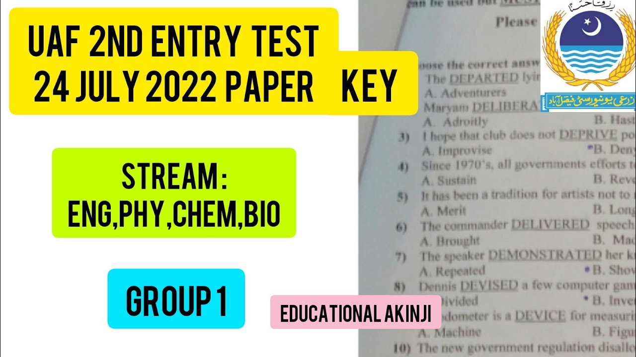 UAF 2nd Entry Test 24 July 2022 Solved Paper Key | Uaf Entry Test Group ...