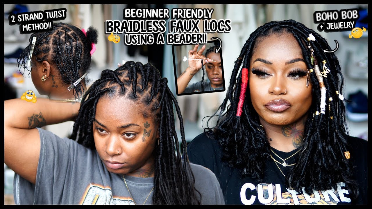 BRAIDLESS BOHO FAUX LOC BOB AT HOME USING A BEADER!! Human hair locs ...