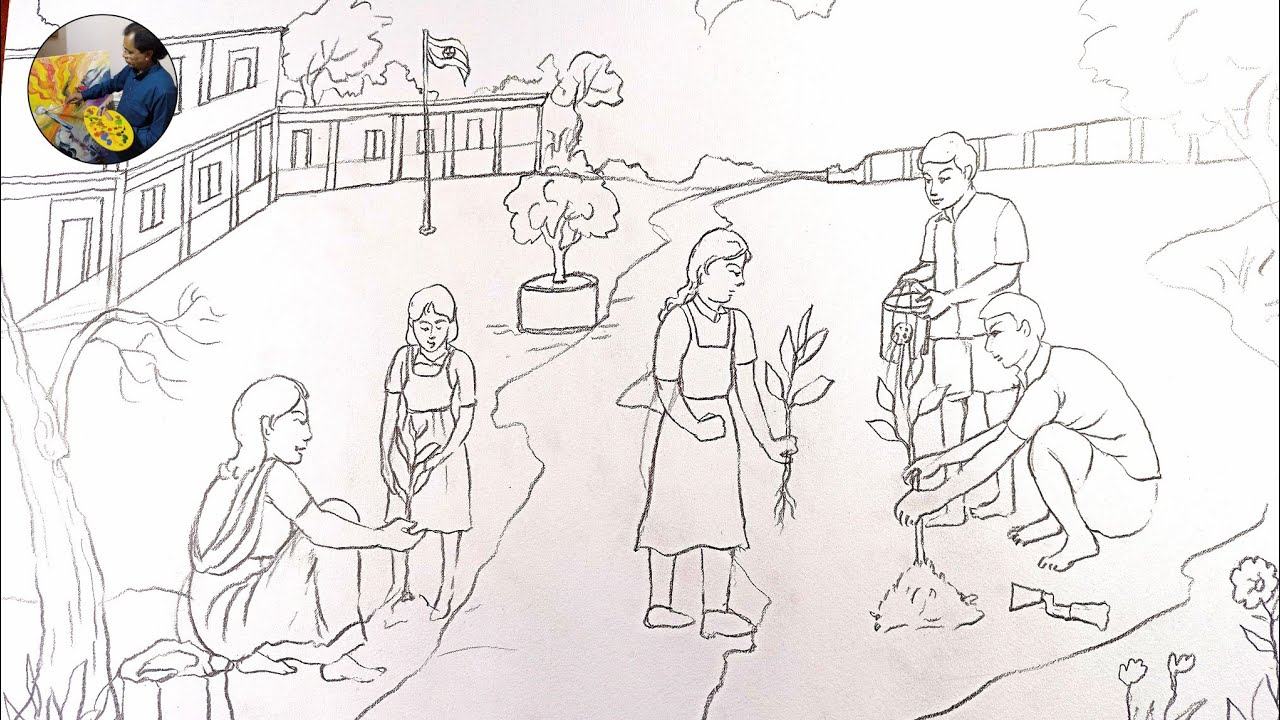 Tree Plantation Drawing | Memory Drawing | Scenery Drawing with ...