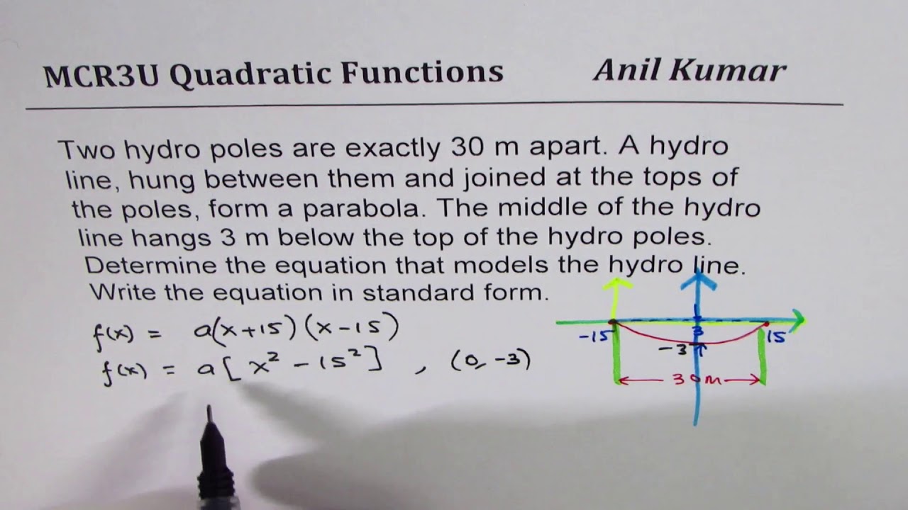 Quadratic Equation with two poles 30 m apart with hydro wire slacking 3 ...