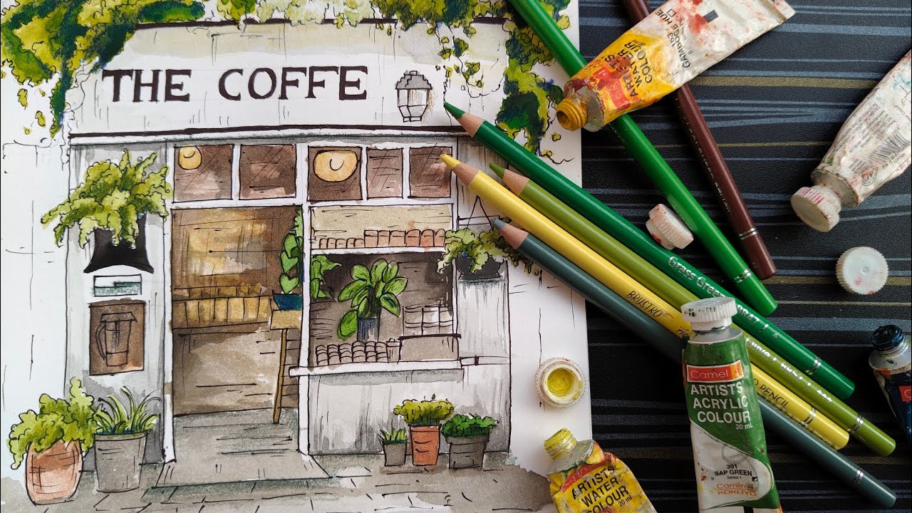 Coffee Shop Painting in water color || Full Tutorial || - YouTube