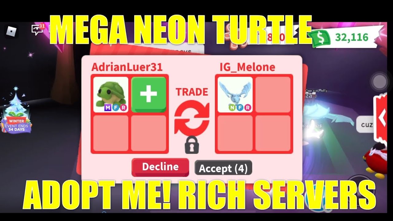 MEGA NEON TURTLE - 19 OFFERS - ADOPT ME RICH SERVERS!! - YouTube