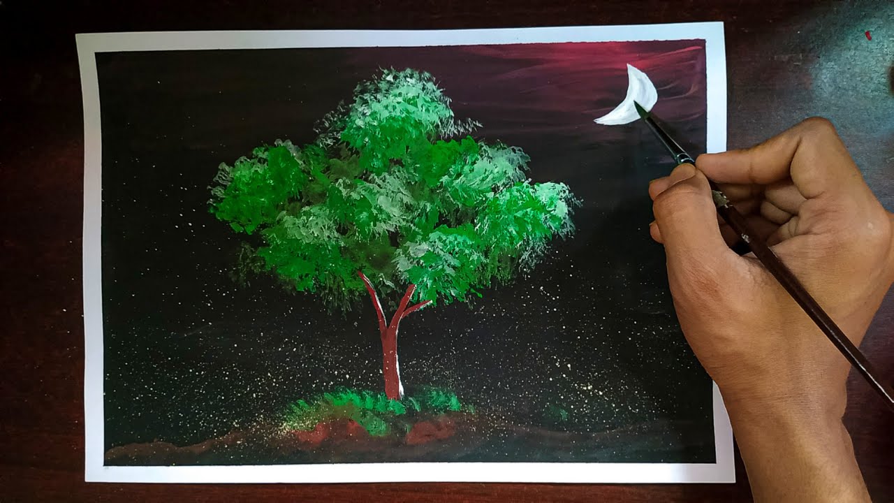 Drawing a scenery of night with a tree | Poster color painting | With a ...