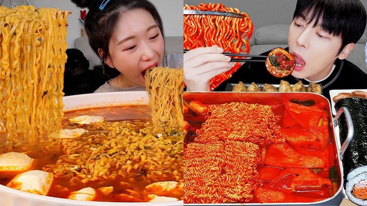 ASMR MUKBANG FIRE noodles Tteokbokki, kimbap special !! (Egg, Bulgogi, tuna,dumpling) recipe ...