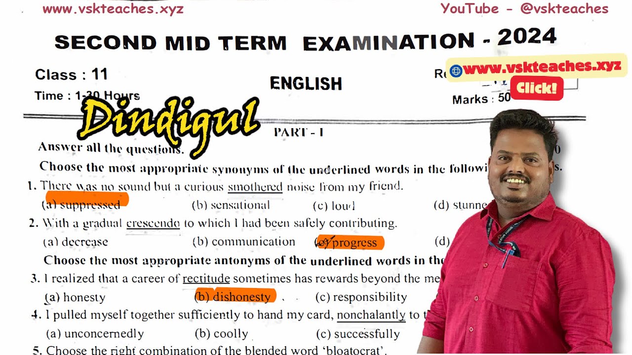 11th Standard English 2nd Midterm 2024 Original Question with key ...