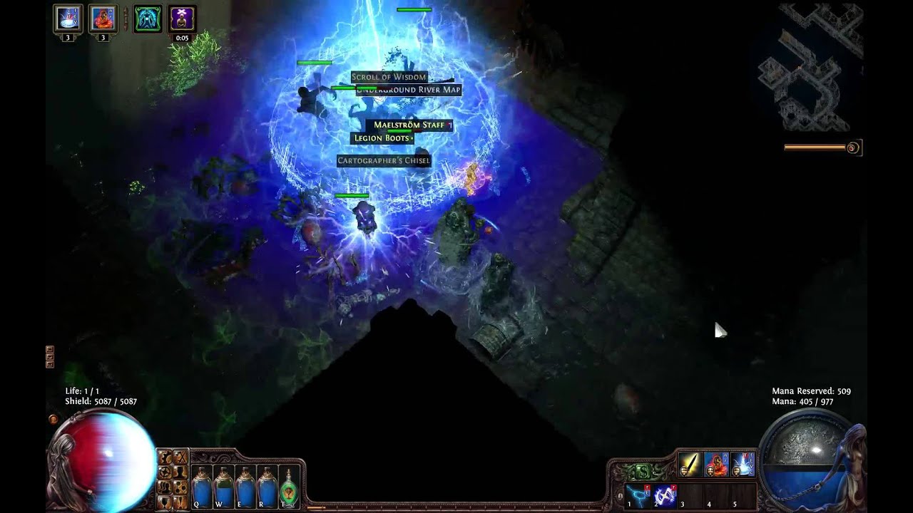 POE gameplay - triple StormCall totem & dual cursing - 72 Waste Pool ...